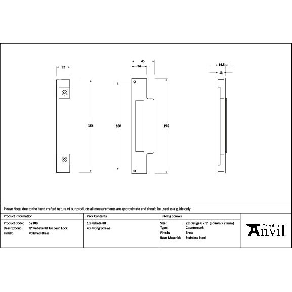 From The Anvil - Polished Brass ½" Rebate Kit for Sash Lock - 52188